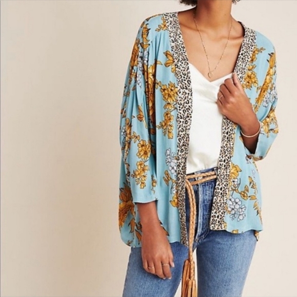 Anthropologie | Tops | Anthropologie Kimono Floral Leopard Trim Andersen Lauth Open | Poshmark